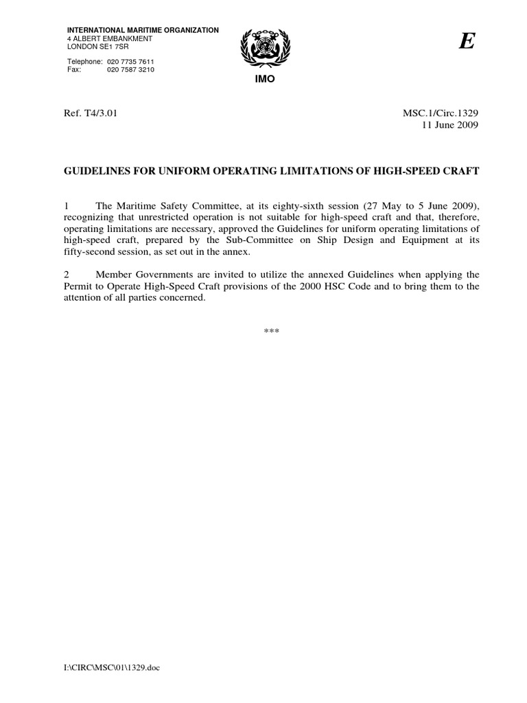 1329 Guidelines For Uniform Operating Limitations of High-Speed Craft | PDF | Sea | Ships