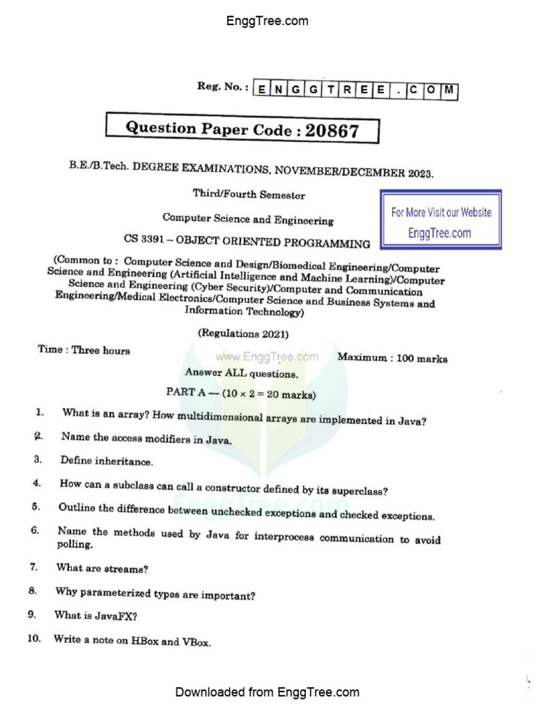 CS3391 Object Oriented Programming Nov Dec 2023 Question Paper Download ...