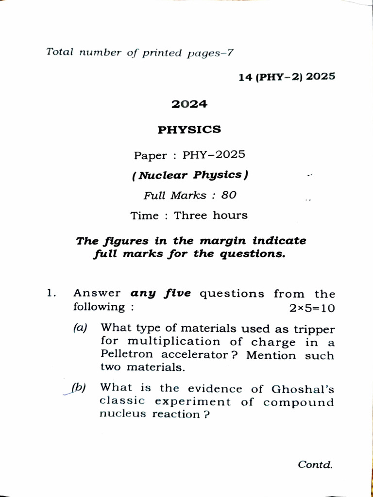 Nuclear Physics Paper 2024 | PDF | Atomic Nucleus | Nuclear Reaction
