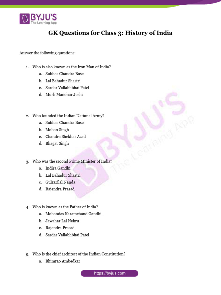 GK Questions for Class 3 History of India | PDF