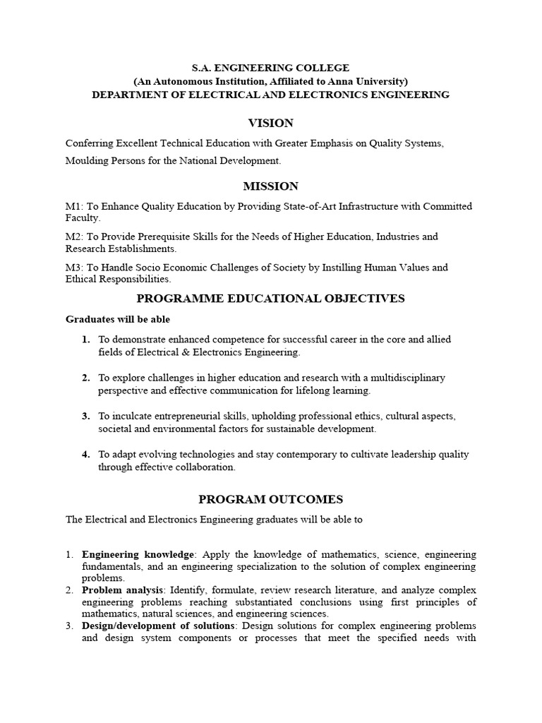 Eee Vission, Mis, Po, Pso, Peo Final | PDF | Engineering | Electrical ...