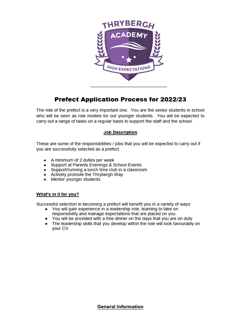 2021 2022 Prefect Application Form 1 | PDF | Leadership | Cognition