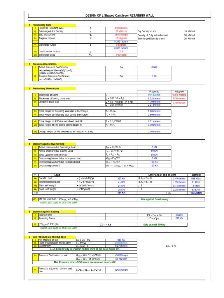 Inclined Retaining Wall RCC Design 3m | PDF | Mechanical Engineering ...