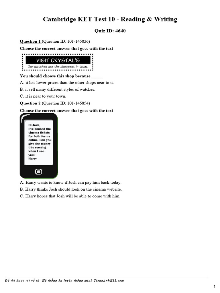 Cambridge KET Test 10: Reading & Writing | PDF | Newspapers