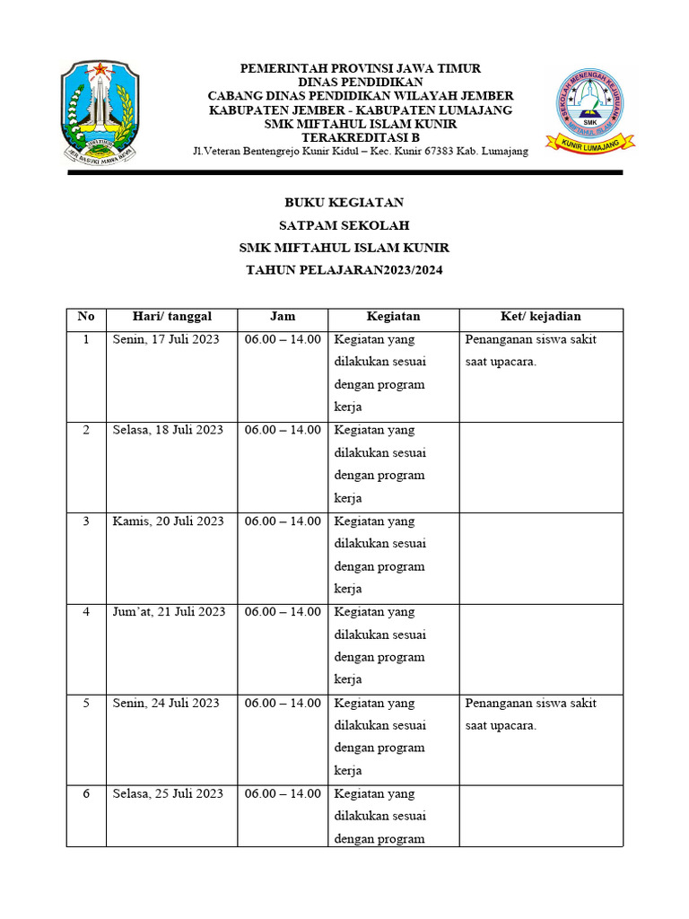 Buku Kegiatan Harian Satpam Sekolah | PDF