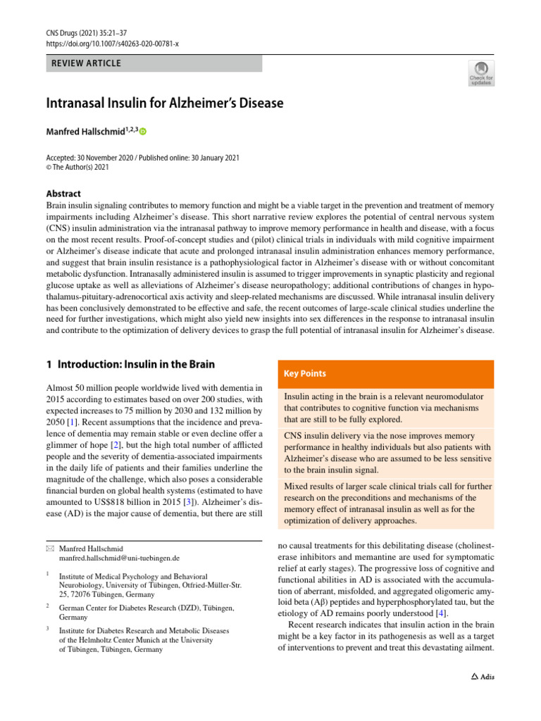 Intranasal Insulin For Alzheimer's Disease | PDF | Alzheimer's Disease ...