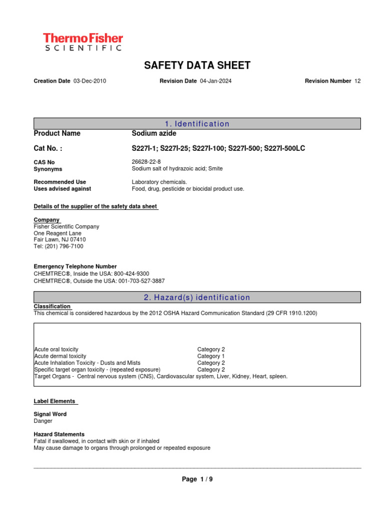 Sodium Azide Safety Data Sheet | PDF | Dangerous Goods | Toxicity