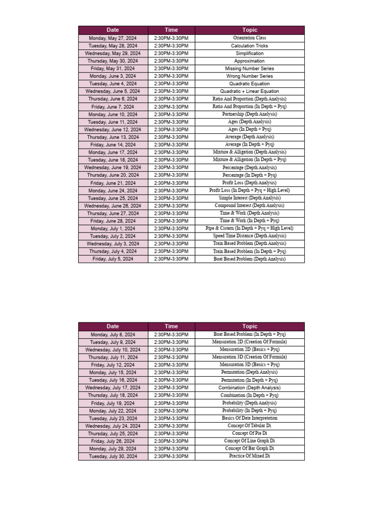 Math Class Schedule May-July 2024 | PDF | Applied Mathematics | Mathematics