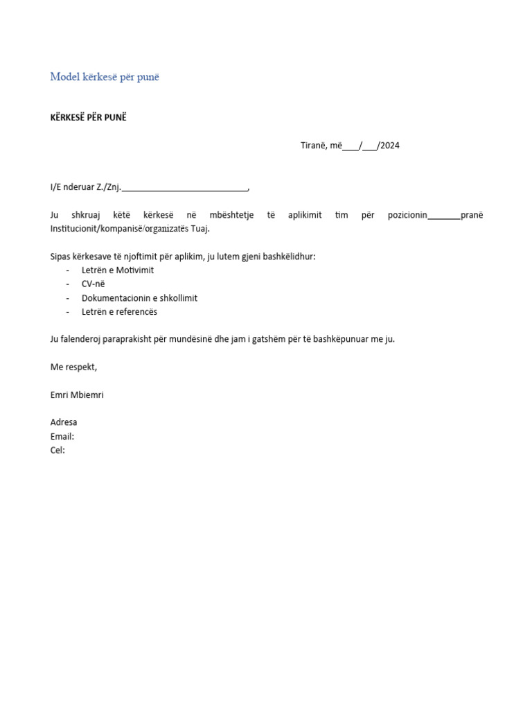 Model Kërkesë Për Punë | PDF