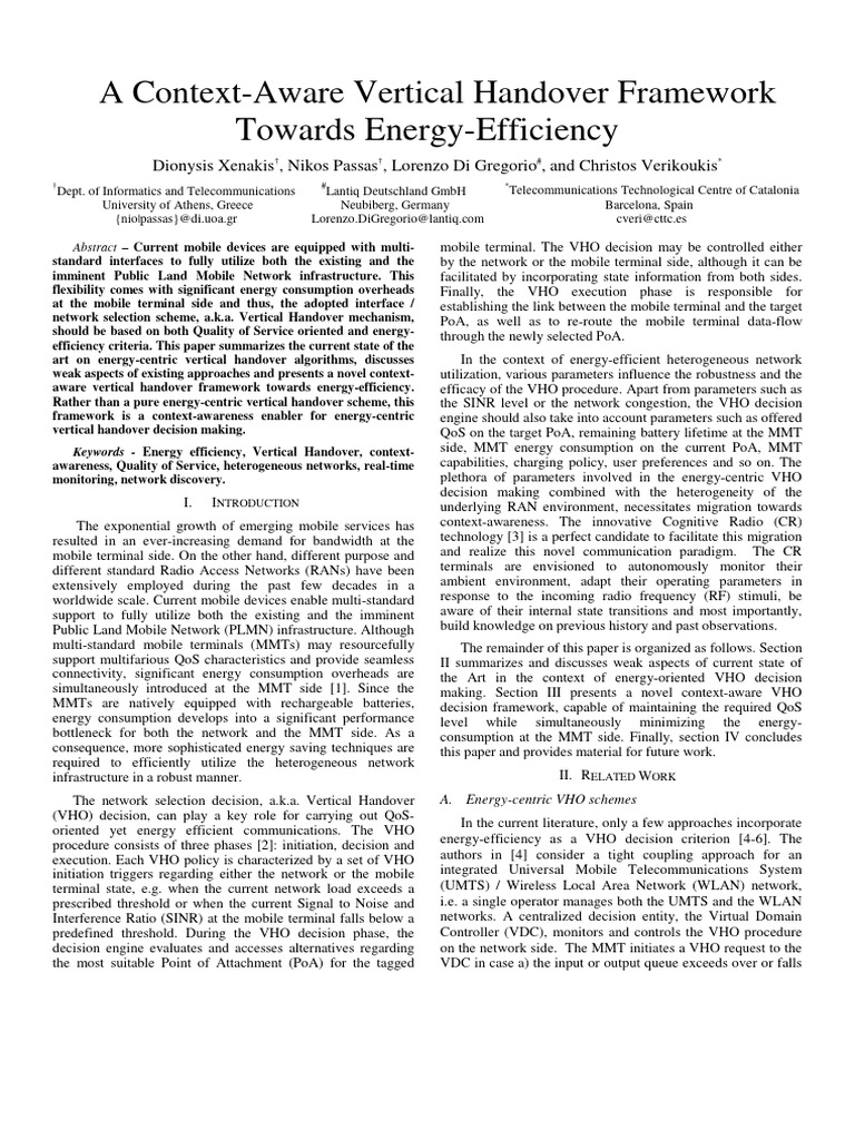 A Context-Aware Vertical Handover Framework Towards Energy-Efficiency | PDF | Cognitive Radio ...