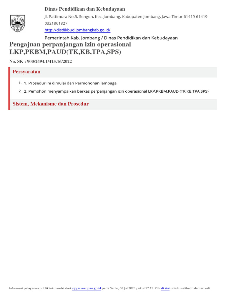 Unduh Standar Pelayanan - Pengajuan Perpanjangan Izin Operasional LKP, PKBM, PAUD (TK, KB, TPA ...