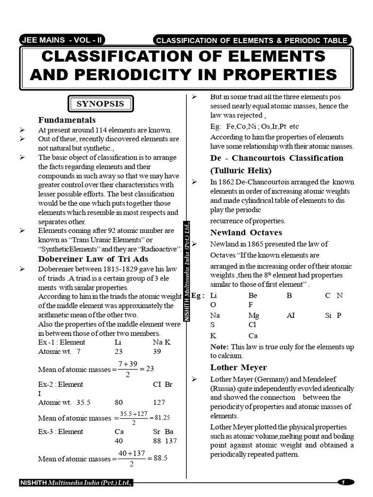01-CLASSIFICATION OF ELEMENTS & PERIODIC TABLE | Download Free PDF ...