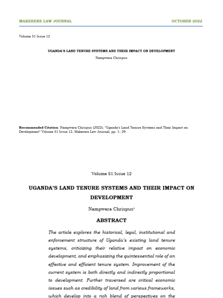 UGANDA'S LAND TENURE SYSTEMS | Download Free PDF | Leasehold Estate ...