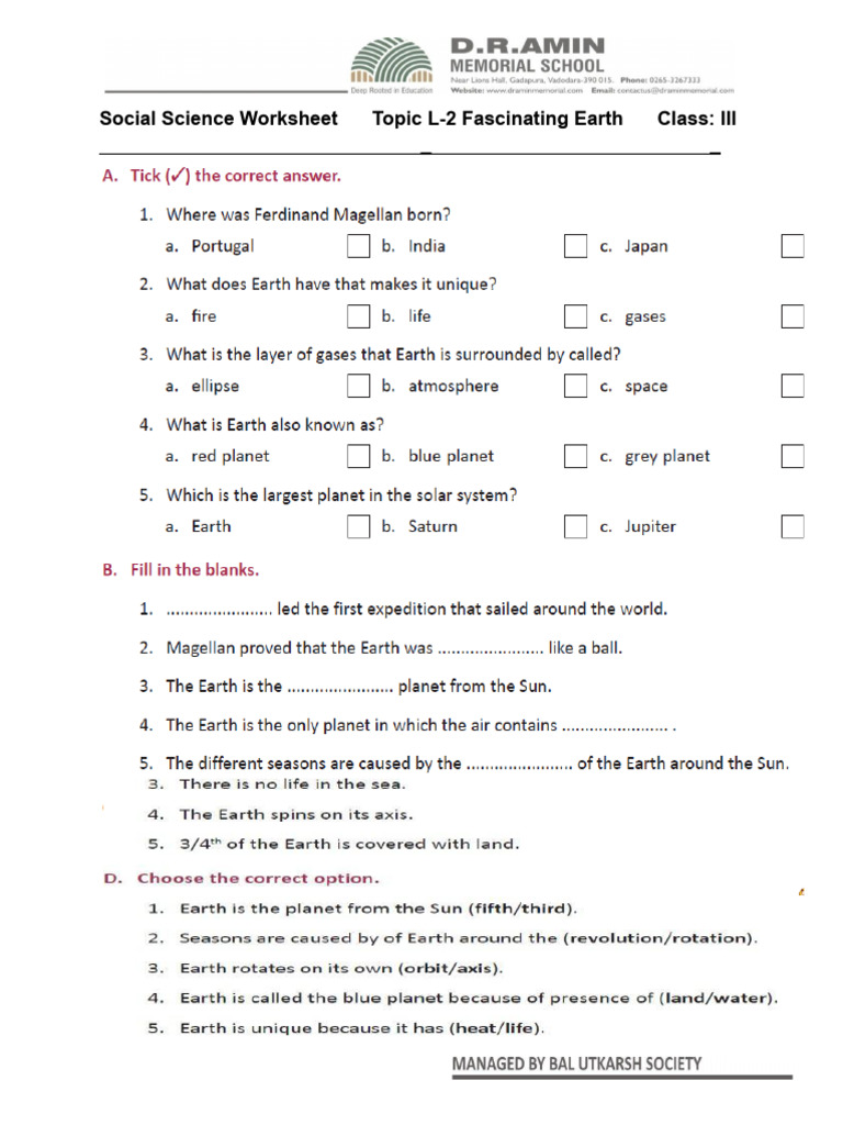 Social Science Worksheet Topic L-2 Fascinating Earth Class: III | PDF