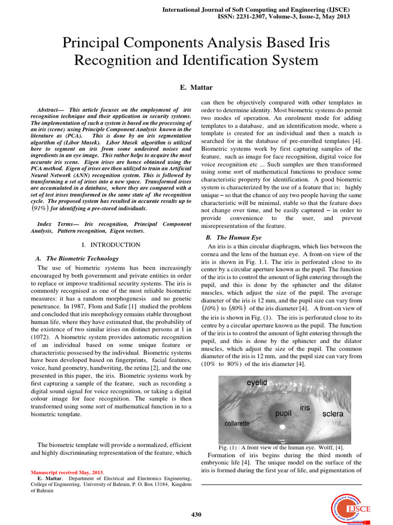 Principal Components Analysis Based Iris Recognition and Identification System | PDF | Principal ...