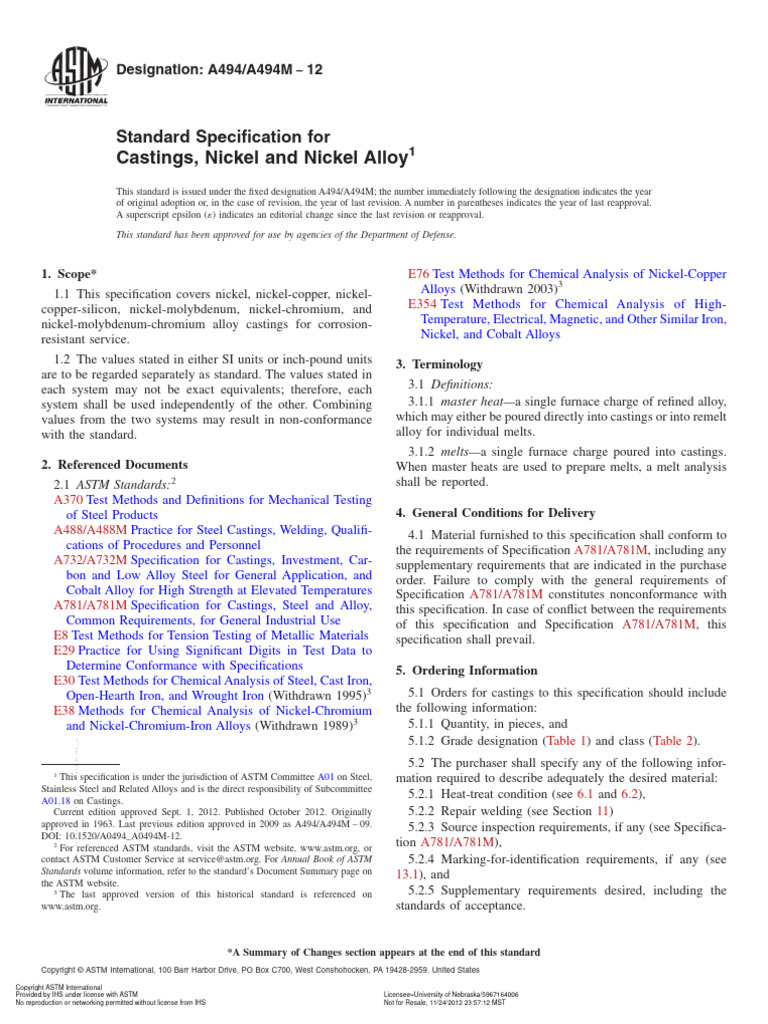 Astm A94 A494m - 12 | PDF | Heat Treating | Steel