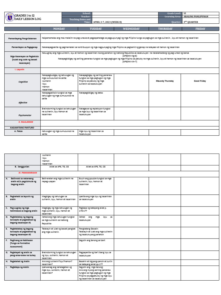 DLL - Araling Panlipunan 6 - Q3 - W8 | PDF