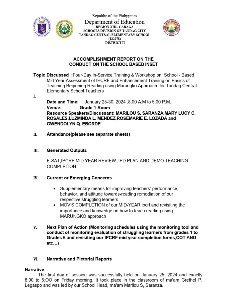 TCES - INSET Accomplishment Report | PDF | Learning | Human Communication