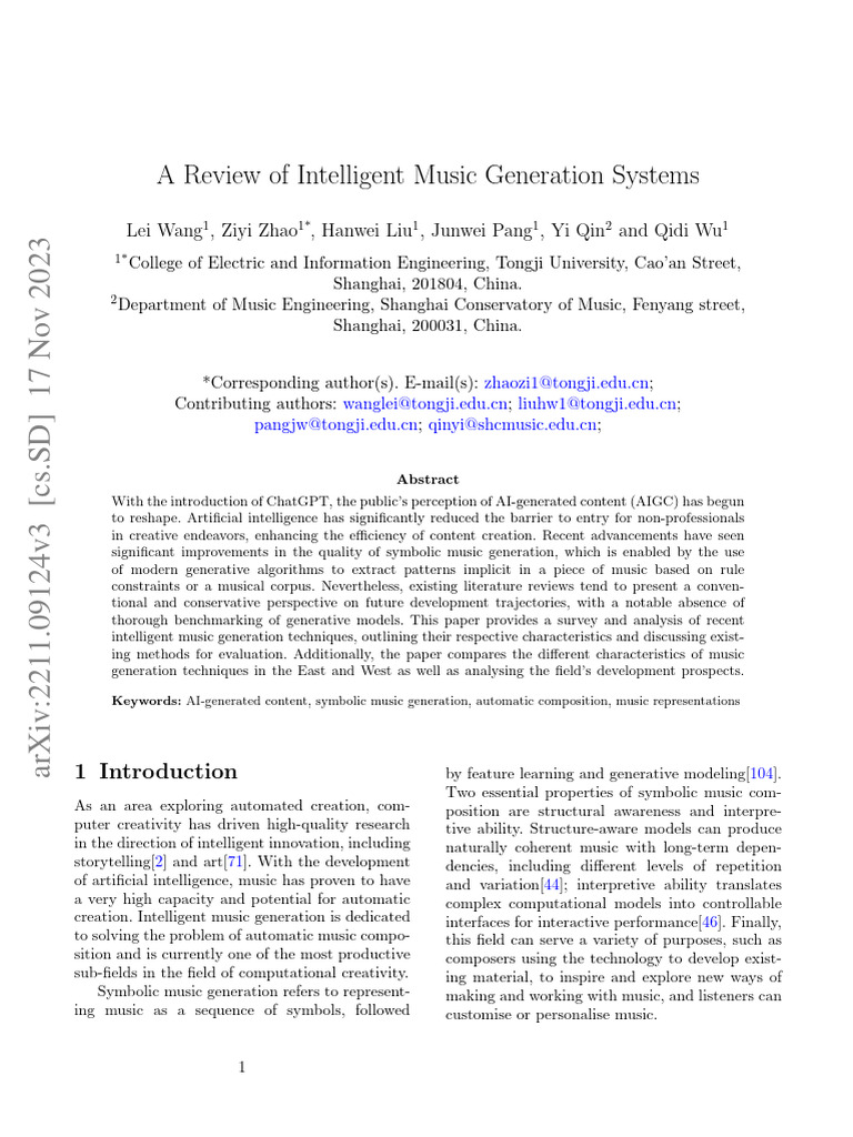 A Review of Intelligent Music Generation Systems: Lei Wang, Ziyi Zhao ...