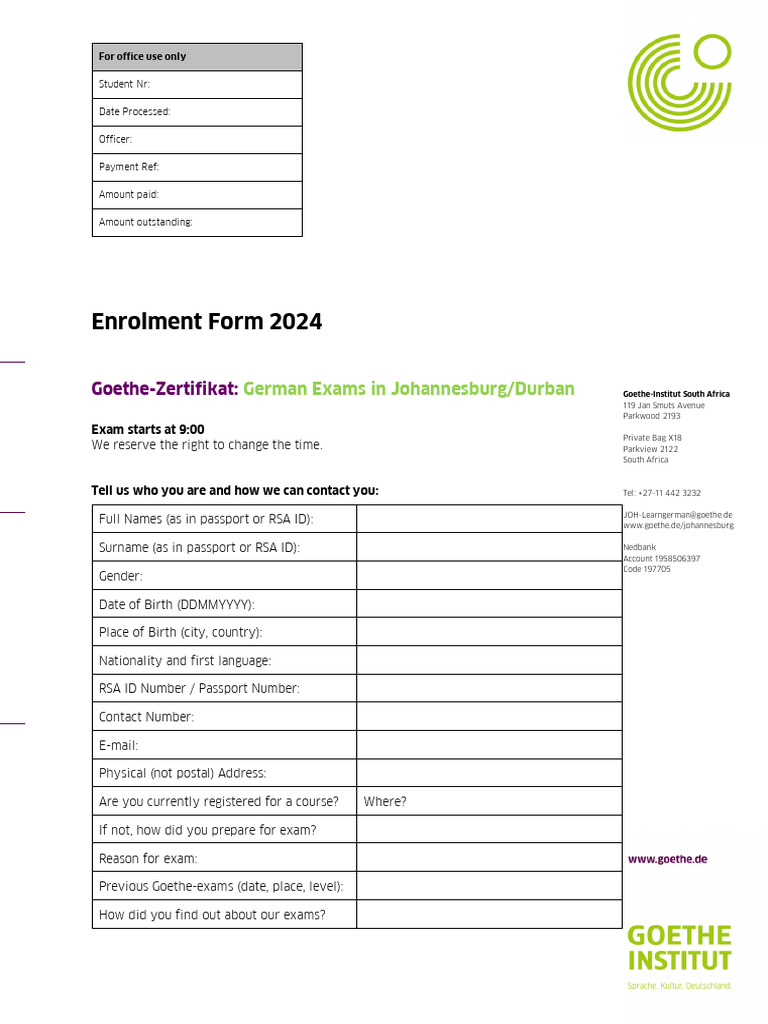 ENG - Exam Registration Johannesburg Form 2024 | PDF