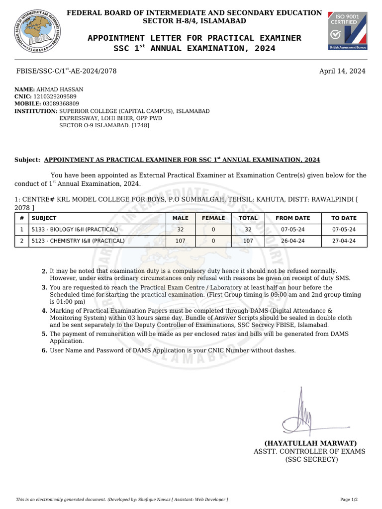 Appointment Letter For Practical Examiner SSC 1 Annual Examination ...