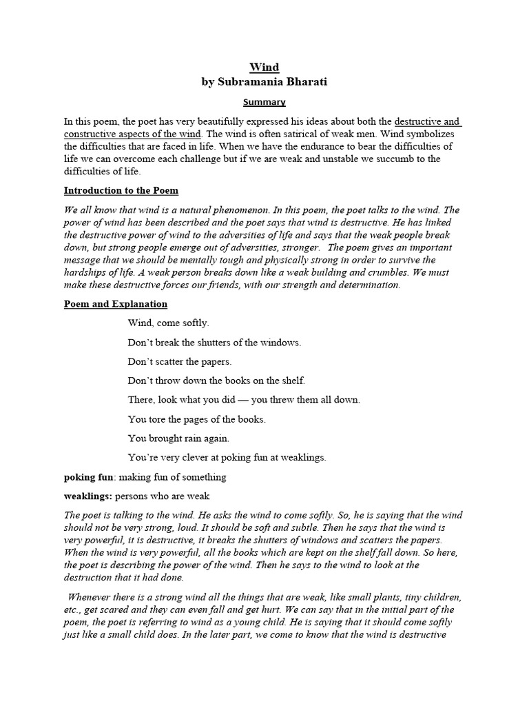 Beehive U2 Poem Wind-Q-Ans, Summary, Expln, MCQs | PDF