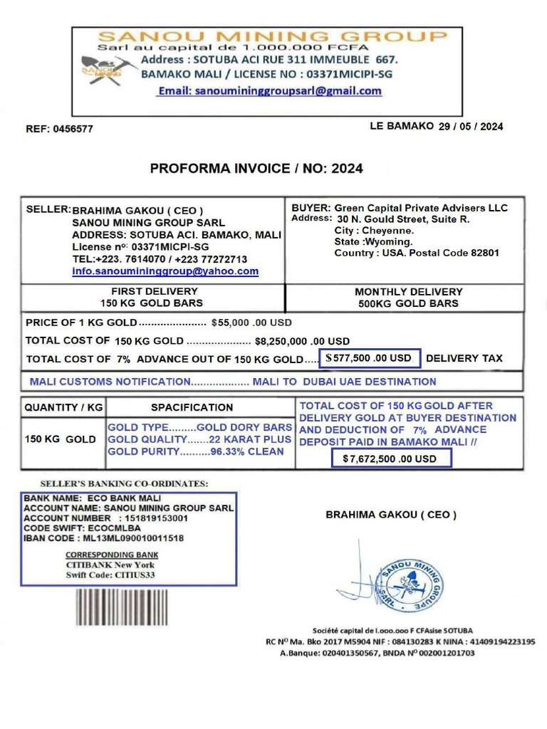 Invoice 150 KGS Gold Bars | PDF