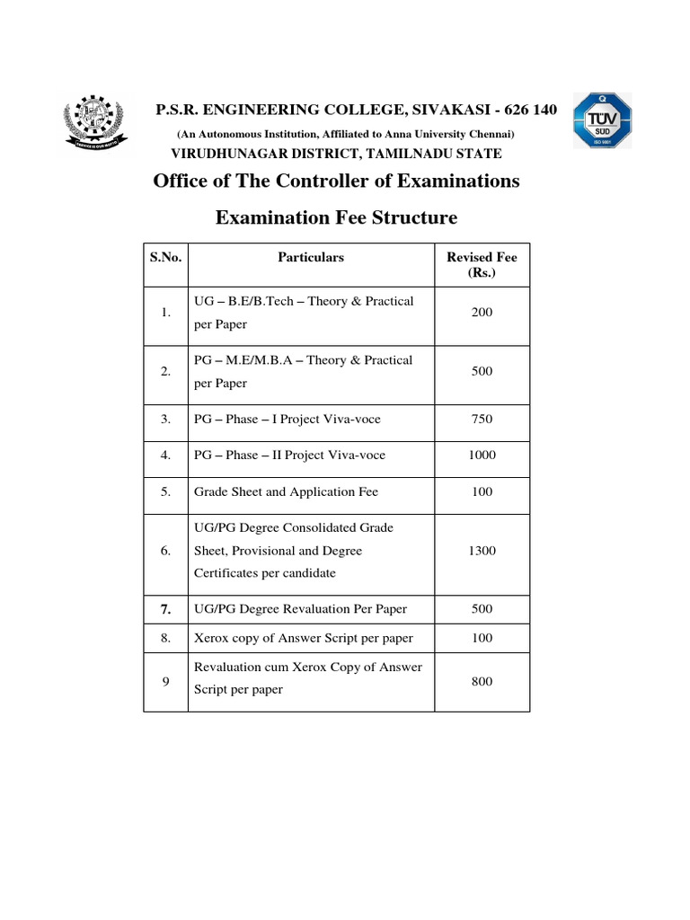 Examination Fee Structure | PDF