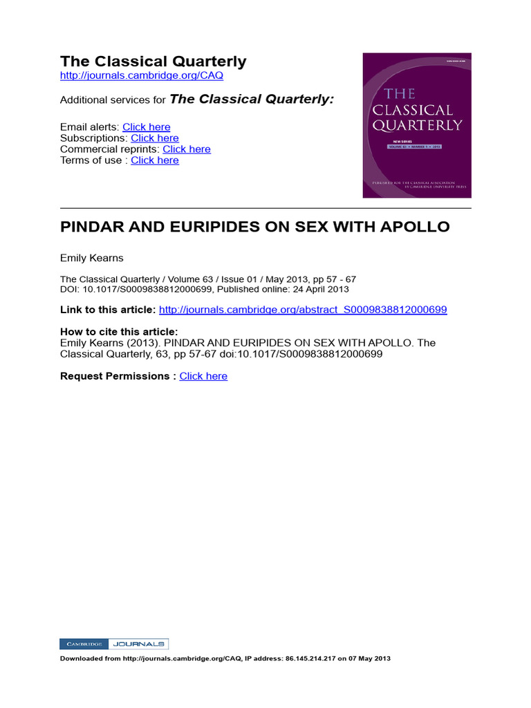 Pindar and Euripides On Sex With Apollo | PDF | Apollo | Euripides