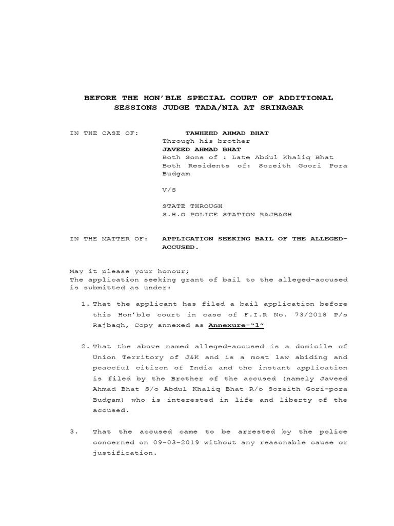BAIL APPLICATION Tawheed Ahmad (Adil Rasheed Bhat) | PDF | Bail | Advocate