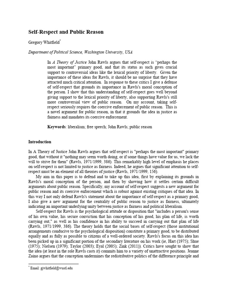 Self Respect and Public Reason | PDF | John Rawls | Justice