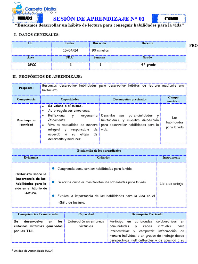 Sesión 1 - Buscamos Desarrollar Un Hábito de Lectura para Conseguir Habilidades para La Vida ...