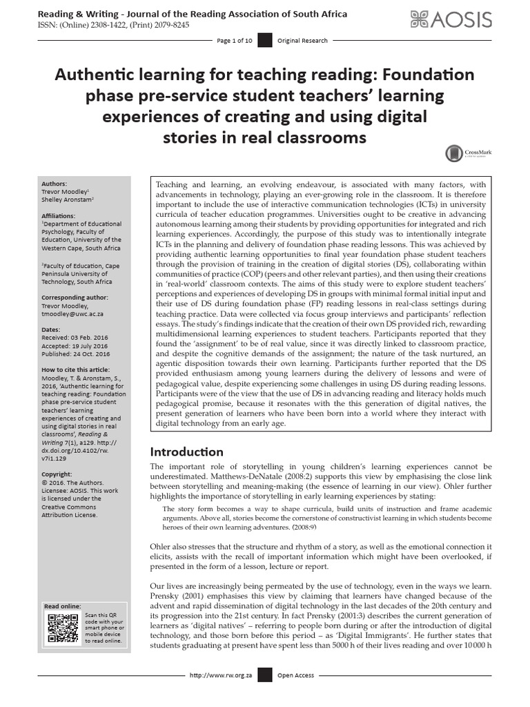 Moodley Trevor Aronstam Shelley Authentic Learning For Teaching Reading | PDF | Learning ...