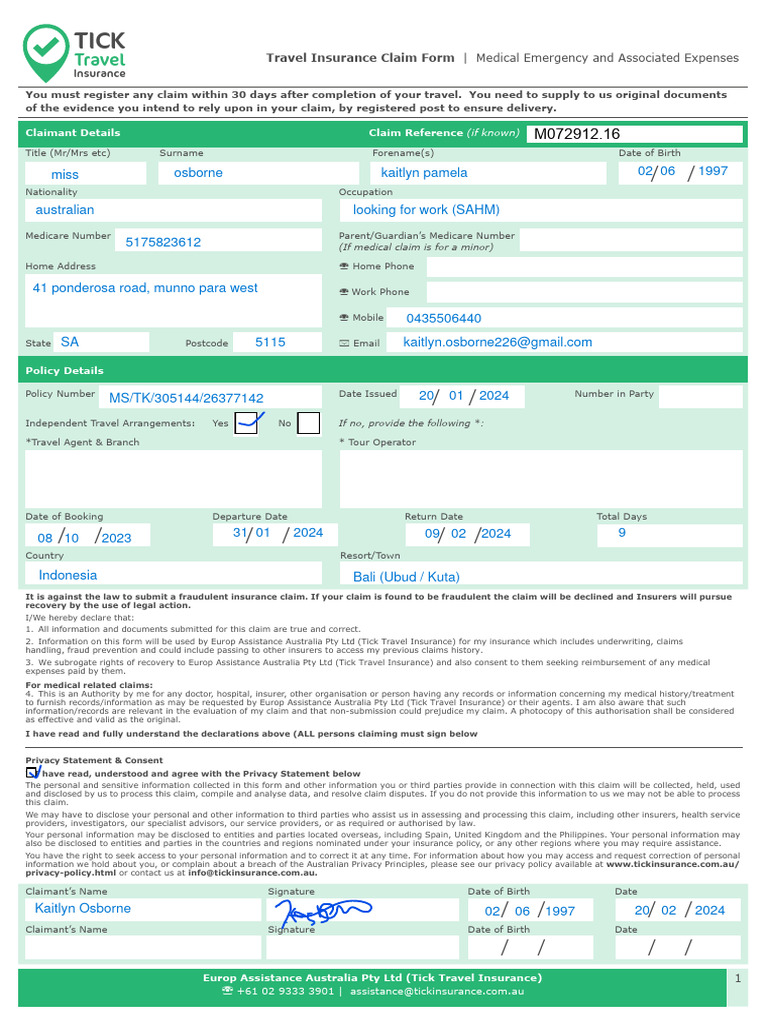 Tick Insurance Medical Emergency With Med Cert Kaitlyn Osborne | PDF ...