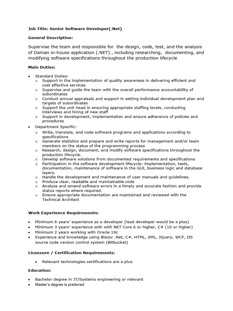 JD - SR Software Dev | PDF | Specification (Technical Standard) | Computer Programming
