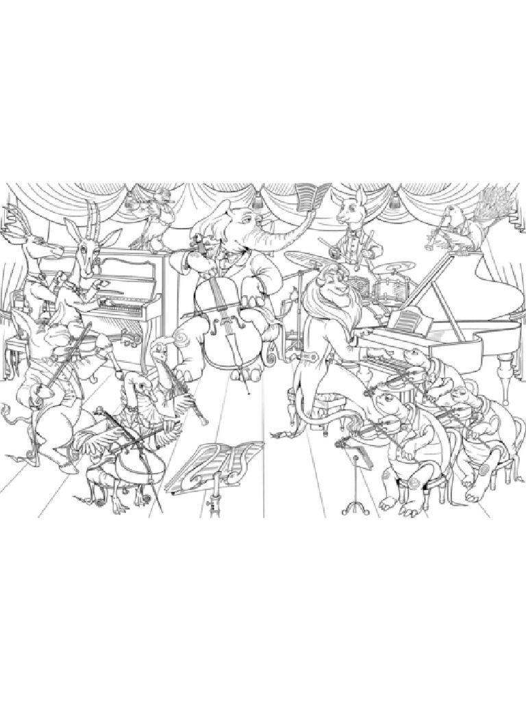 14 All Animals Playing Musical Instruments Together Coloring Page | PDF