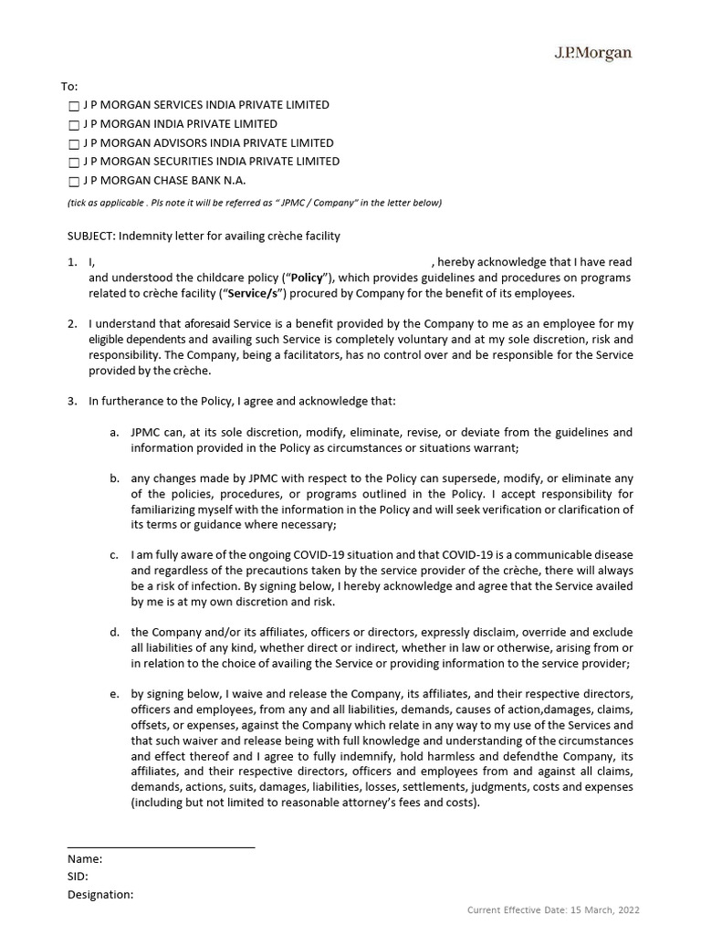 Indemnity Letter for Crèche Facility | PDF | Justice | Crime & Violence