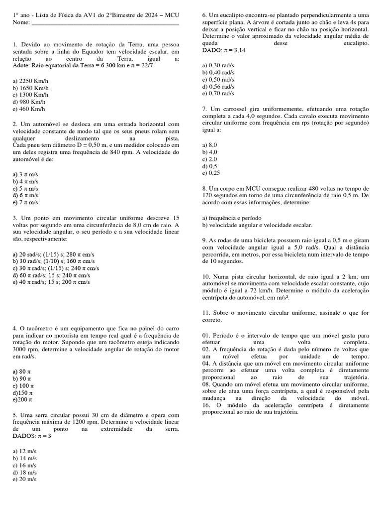 1 Ano Lista de Fisica Referente A Av2 Do 2 Bimestre Mcu. Av1 e Av2 | PDF | Terra | Engrenagem