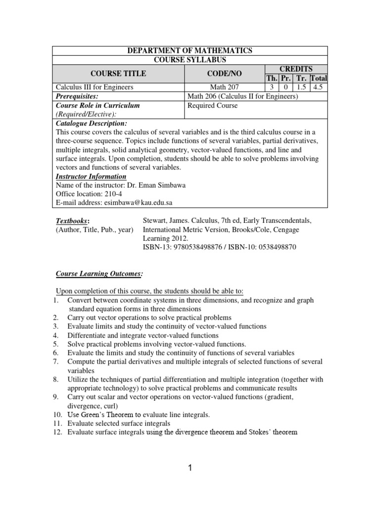 math207_Syllabus | PDF | Derivative | Integral math207_Syllabus | PDF | Derivative | Integral