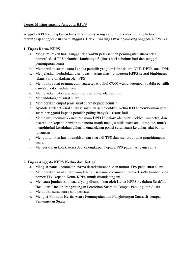 Tugas Masing-Masing Anggota KPPS | PDF