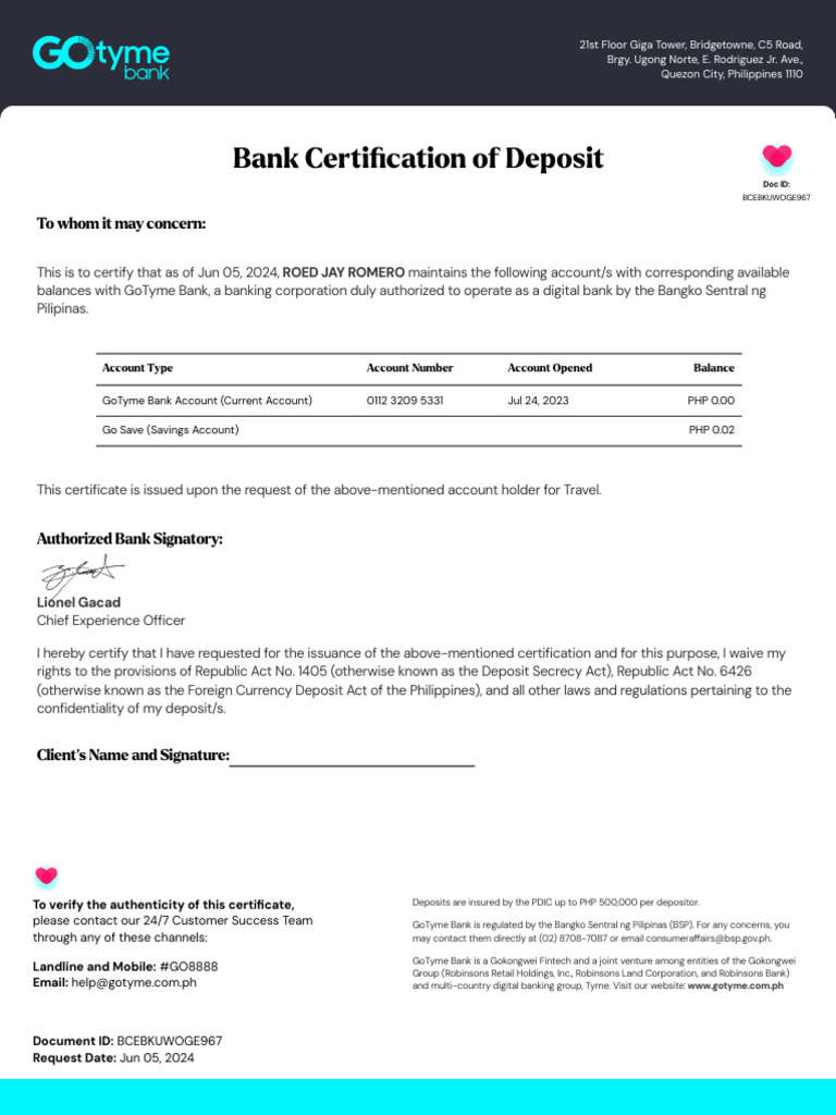 GoTyme Bank Certification of Deposit | PDF | Banks | Private Sector