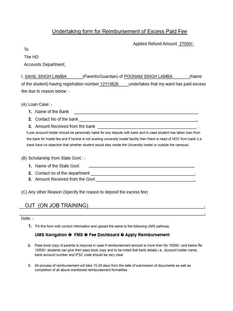 Reimbursement Undertaking Form | PDF | Financial Services | Personal ...
