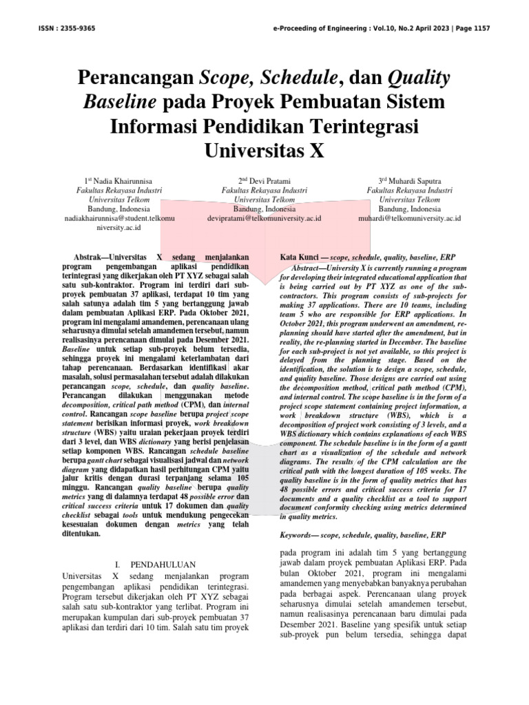 Perancangan Scope, Schedule, Dan Quality Baseline Pada Proyek Pembuatan Sistem Informasi ...