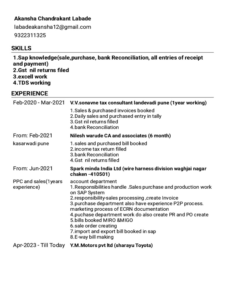 Resume - Akansha Labade - Format1 | PDF | Payments | Government Finances