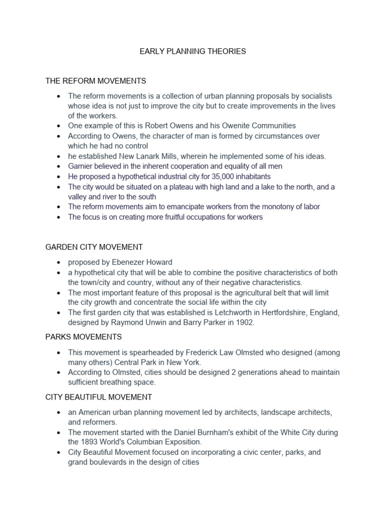 EARLY PLANNING THEORIES | PDF | Urbanization | Urban Planning