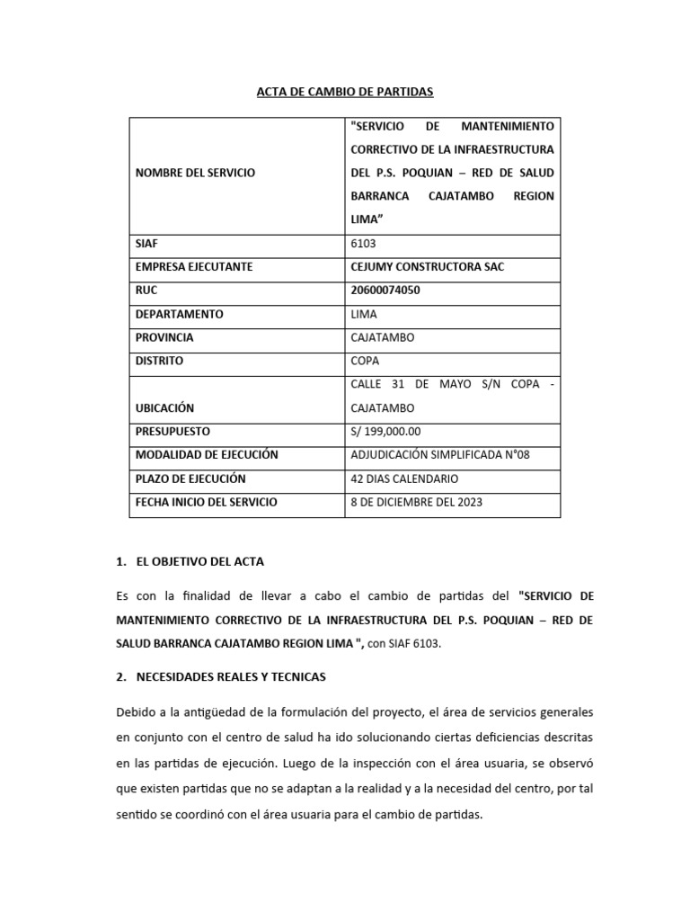 ACTA DE CAMBIO DE PARTIDAS POQUIAN | PDF