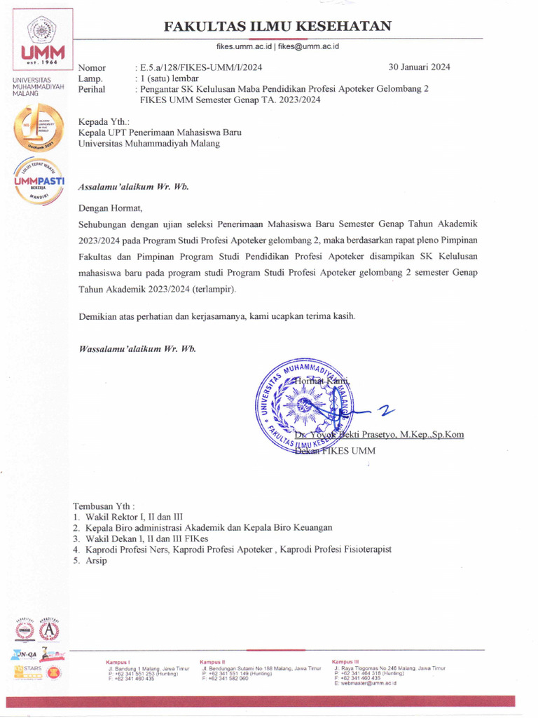 SK Kelulusan PMB Profesi Apoteker SMT Genap 2023-2024 Gel - 2 | PDF