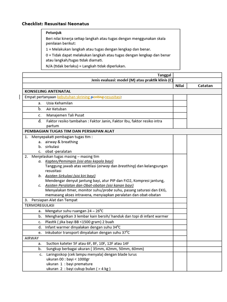 Checklist - Resusitasi Neonatus RS Karitas | PDF