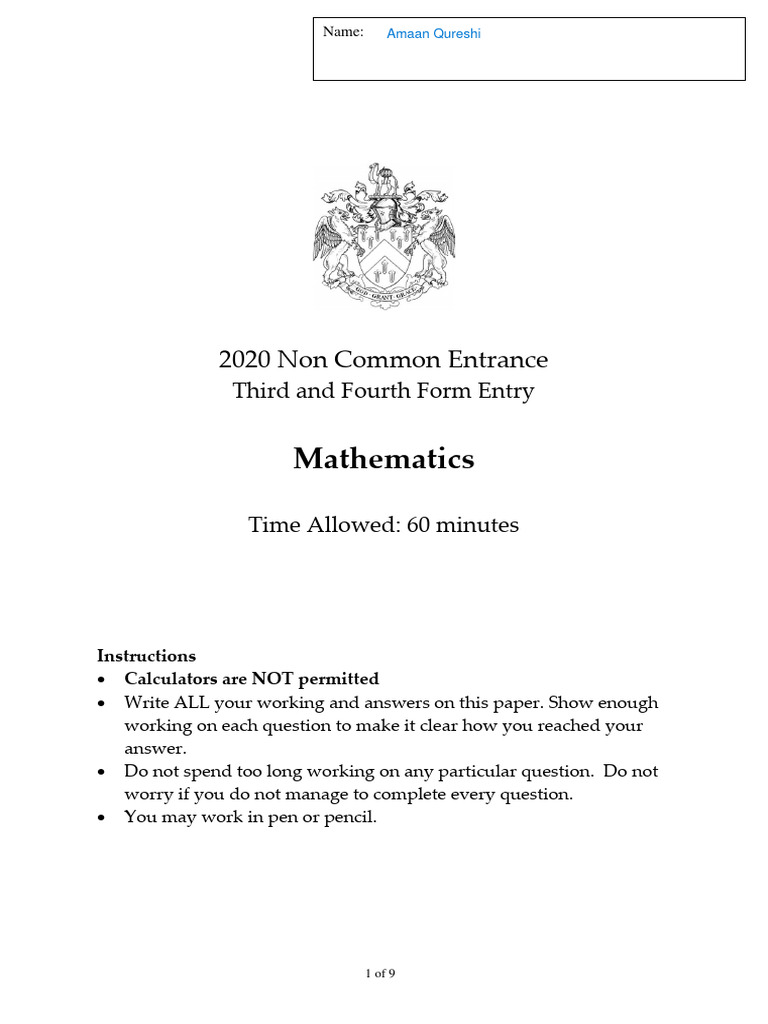 Oundle-School-13-Plus-Maths-Entrance-Exam-2020 | PDF | Numbers | Algebra