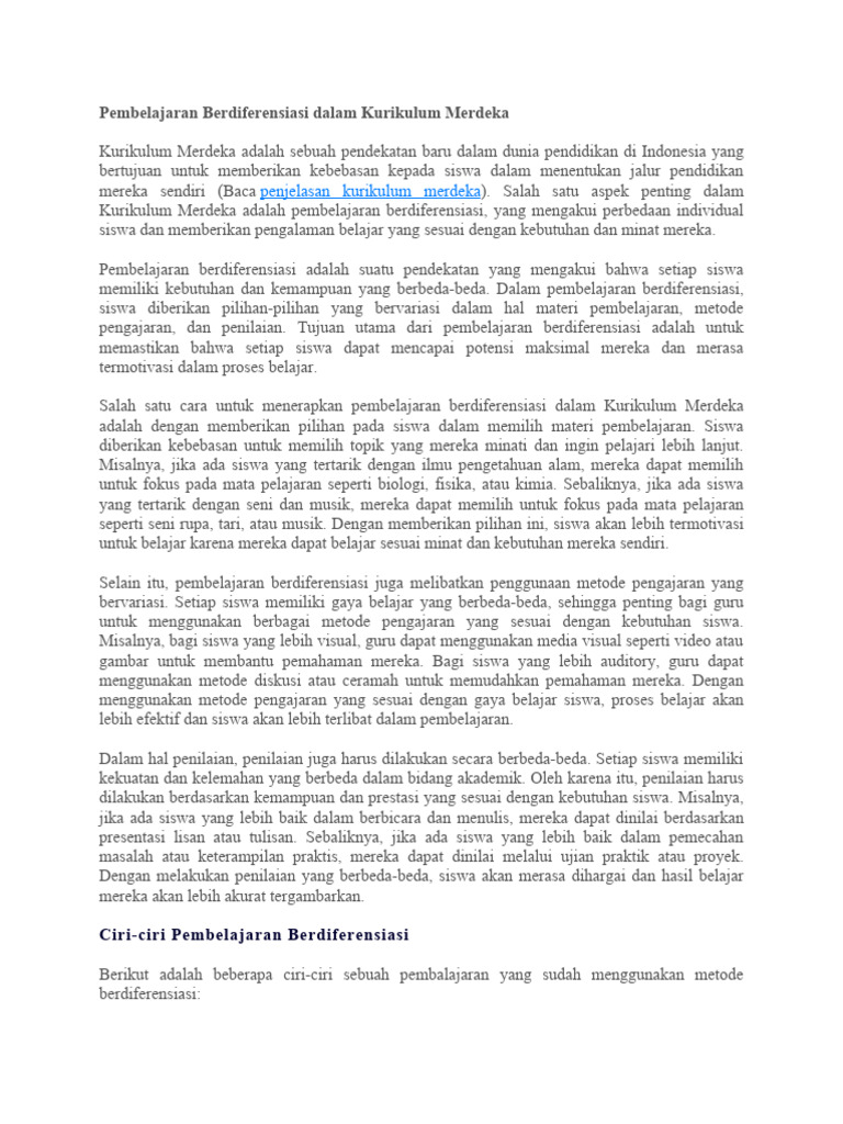 Pembelajaran Berdiferensiasi Dalam Kurikulum Merdeka | PDF